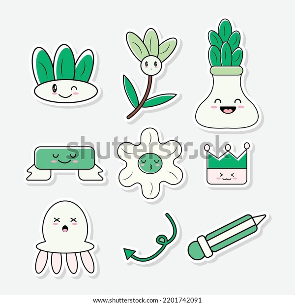 Collection Cute Green Stickers Stock Vector (Royalty Free) 2201742091 ...