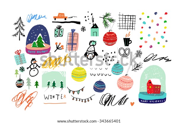 Collection Cute Hand Drawn Winter Elements Stock Vector (Royalty Free ...