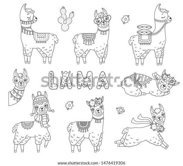 Collection Cute Outline Doodle Llamas Hand: vector de stock (libre de ...