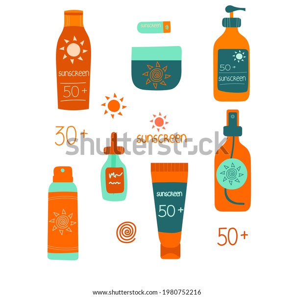 Collection Different Sunblocks Sunscreen Icons Brochures Stock Vector ...