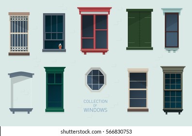 Collection Different Vintage Windows Flat Style Stock Vector (Royalty ...