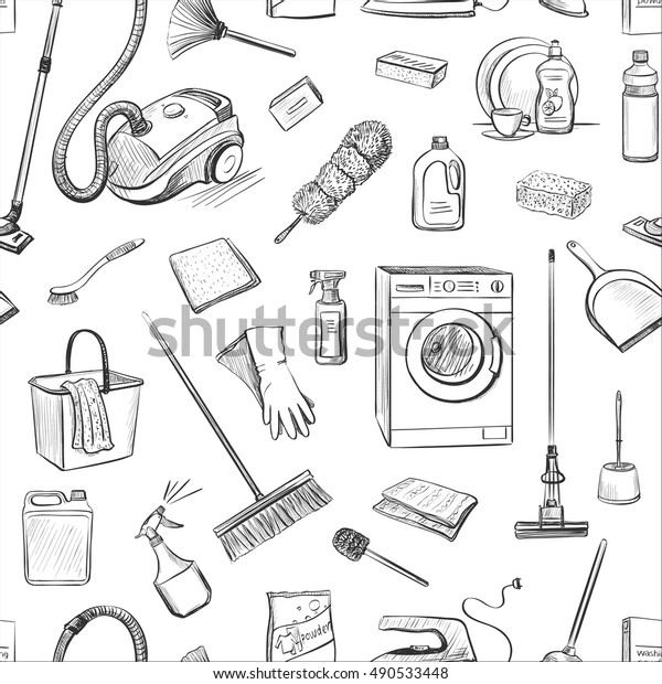 Collection Drawing Tools Cleaning Products Seamless Stock Vector ...