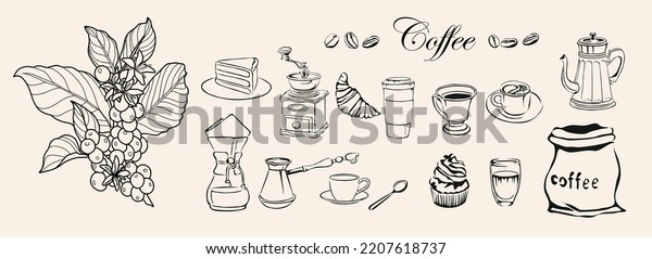 Collection Elegant Drawings Tools Coffee Brewing Stock Vector (Royalty ...