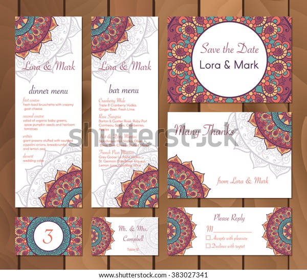 Collection Ethnic Cardsmenu Wedding Invitations Indian: เวกเตอร์สต็อก ...