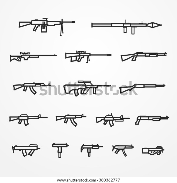 Collection of firearm and weapon icons, line style, gun, machine gun ...