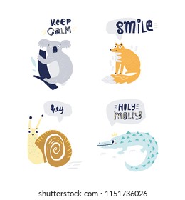 Collection Four Cute Animals Words Phrases Stock Vector (Royalty Free ...