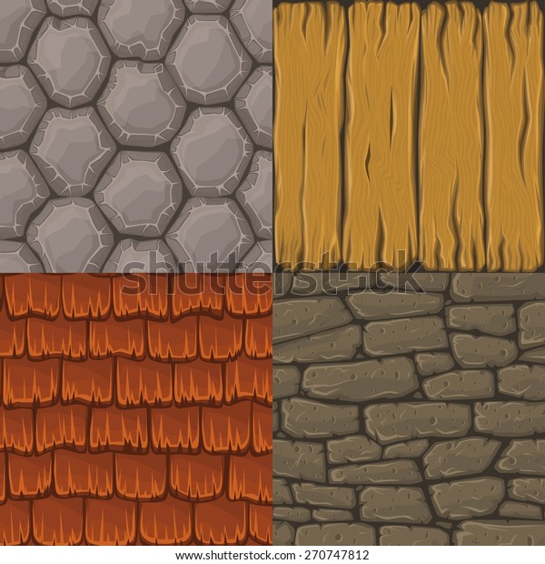 Collection of four vector cartoon seamless textures. Stones, roof tiles ...