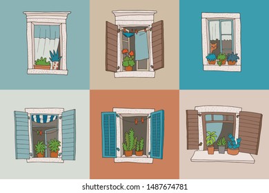 Collection Hand Drawn Cute Windows Stock Vector (Royalty Free ...