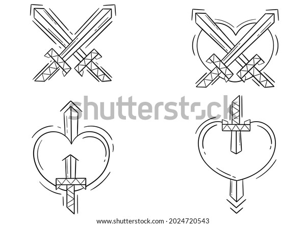 Collection Hand Drawn Illustrations Hearts Swords Stock Vector (Royalty ...