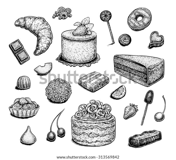 Collection Hand Drawn Ink Desserts Stock Vector (Royalty Free) 313569842