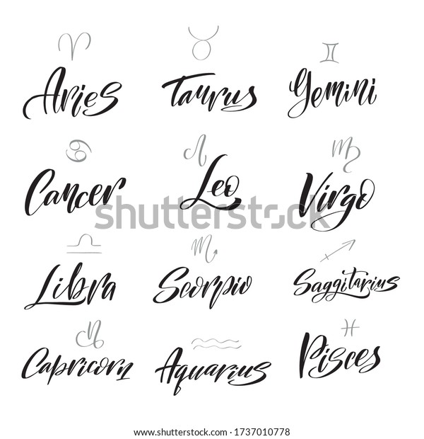 Collection Hand Drawn Lettering Calligraphy Zodiac Stock Vector ...