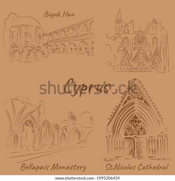 Collection Line Drawing Cyprus Landmarks Stock Vector (Royalty Free ...