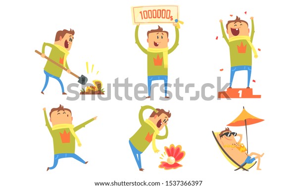 Collection Lucky Man Cartoon Character Winning Stock Vector (Royalty ...