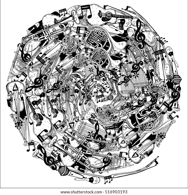 Vektor Stok Collection Music Instruments Circle Hand Drawn (Tanpa ...