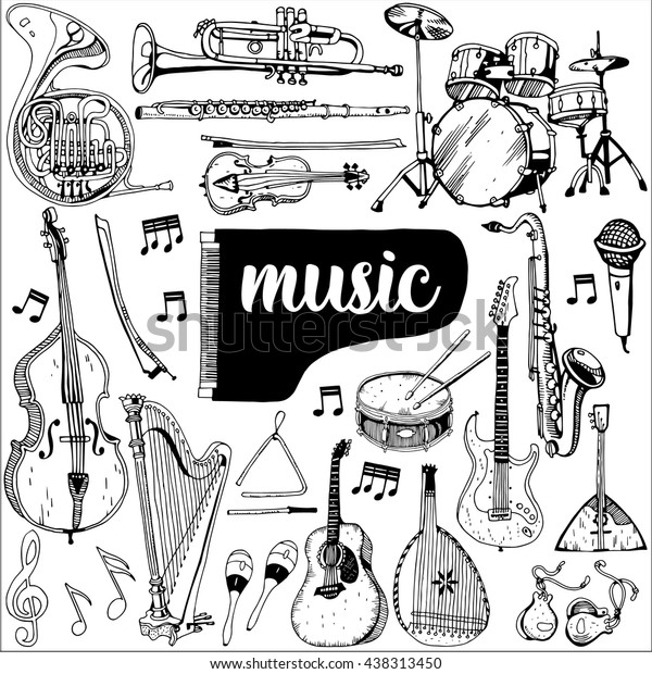 Collection Music Instruments Hand Drawn Illustration Stock Vector ...