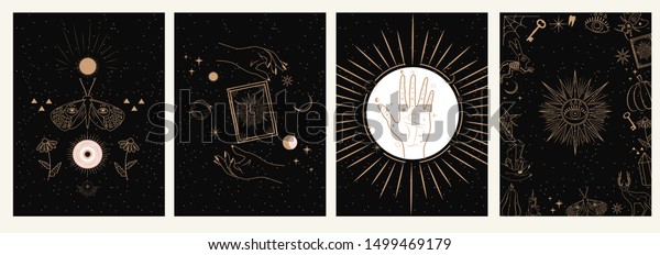 Collection Mystical Mysterious Illustrations Hand Drawn Stock Vector ...