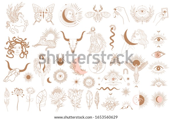 Vektor Stok Collection Mythology Objects Fantasy Animals Mythical ...