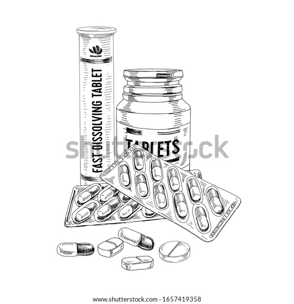 Collection Packaging Containers Drugs Hand Drawn Stock Vector (Royalty ...