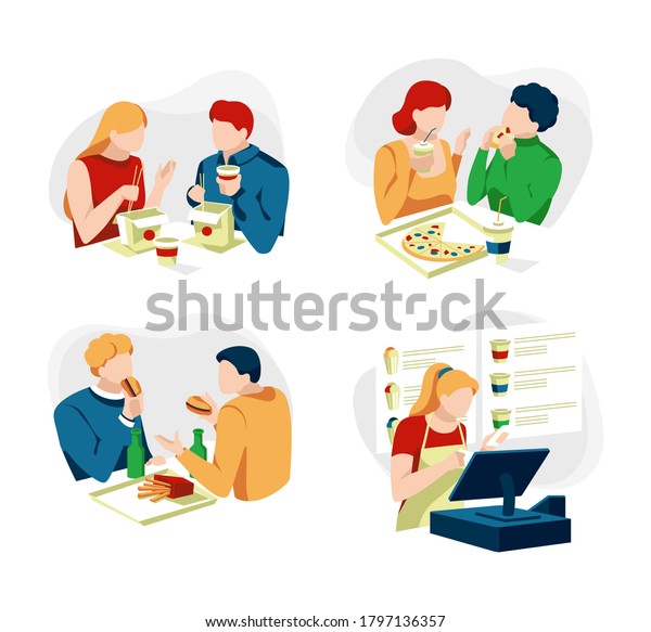 Collection People Sitting Eating Different Delicious Stock Vector ...