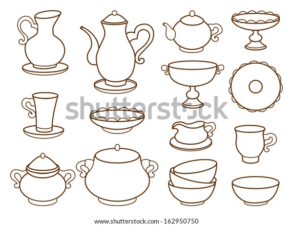 Collection Porcelain Tableware Tea Coloring Book Stock Vector (Royalty ...