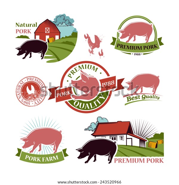 Collection Pork Farm Colored Labels Design Stock Vector (Royalty Free ...