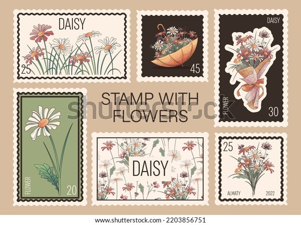 Collection Postage Stamps Illustration Daisy Flowers Stock Vector ...