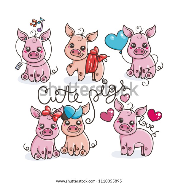 Collection Random Cute Cartoon Pigs Set Stock Vector (Royalty Free ...