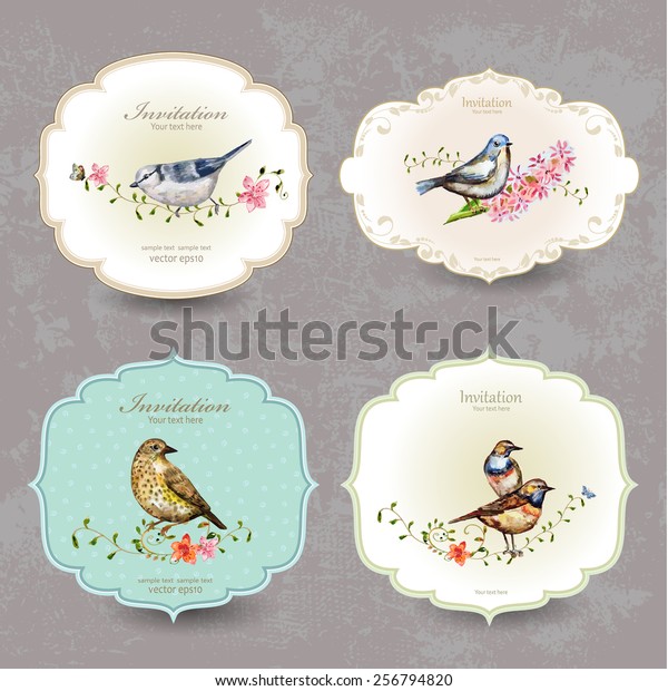 Collection Retro Label Cute Bird Watercolor Stock Vector (Royalty Free ...