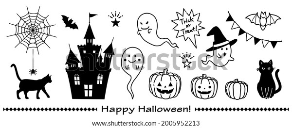Collection Simple Cute Halloween Illustrations Monochrome Stock Vector ...