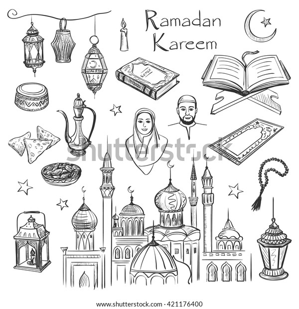 Collection Sketches On Theme Ramadan Attributes Stock Vector (Royalty ...