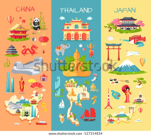 Collection Three Asian Countries China Thailand 스톡 벡터(로열티 프리) 527314834