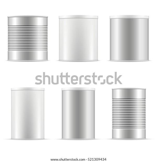 Collection of tin cans including white tin can and metal tin can ...