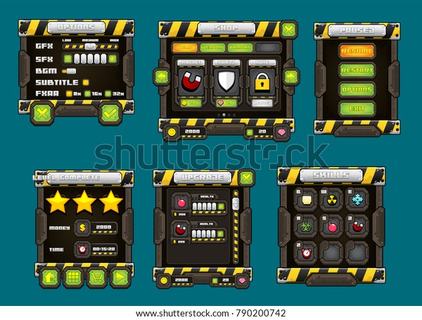 Collection of various buttons, icons, windows, and other user interface ...