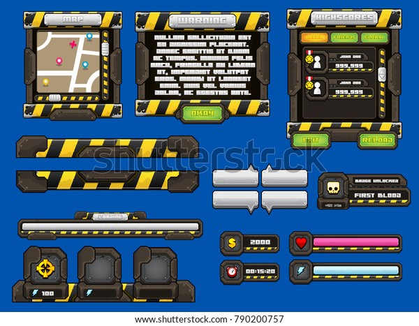 Collection of various buttons, icons, windows, and other user interface ...