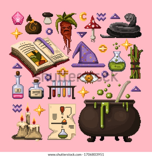 Collection Of Vector Pixel Objects Of Alchemy For Video Games Arcades Clip Art App 8 Bit 4356