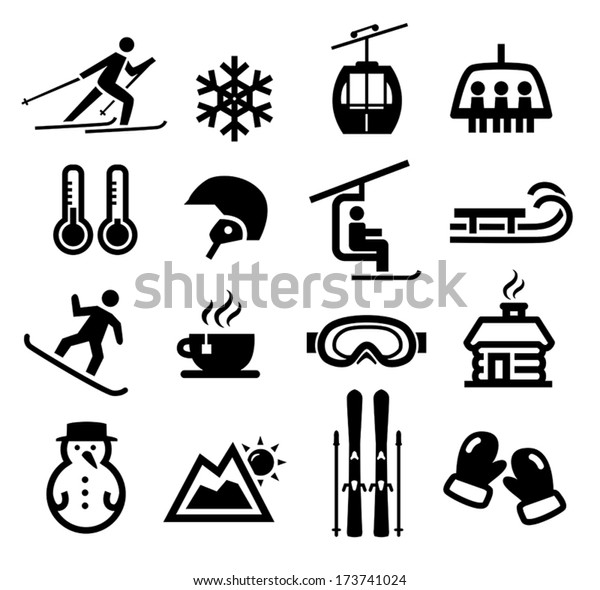 Collection of winter icons representing skiing and other winter outdoor ...