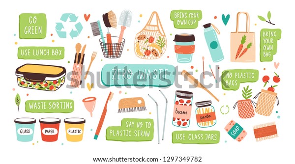 Collection Zero Waste Durable Reusable Items Stock Vector (Royalty Free ...
