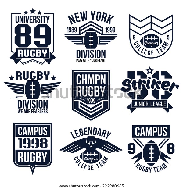 College rugby team emblems in retro vintage style. Graphic design for t ...