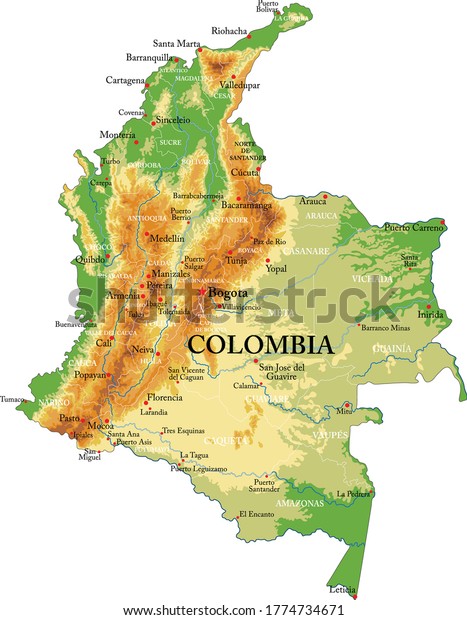 Colombia highly detailed physical map