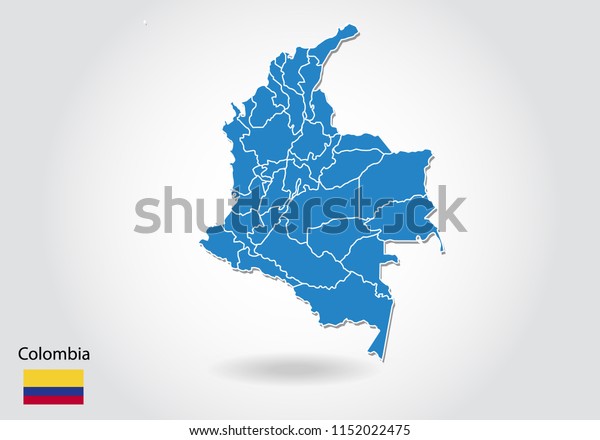 colombia map design with 3D style. Blue colombia map and National flag ...