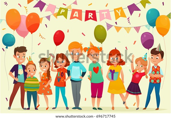Colored Cartoon Kids Party Composition Birthday Stock Vector (Royalty ...