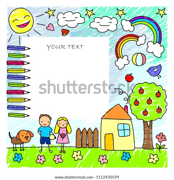 Colored Doodle Children Drawings Template Kids: เวกเตอร์สต็อก (ปลอดค่า ...