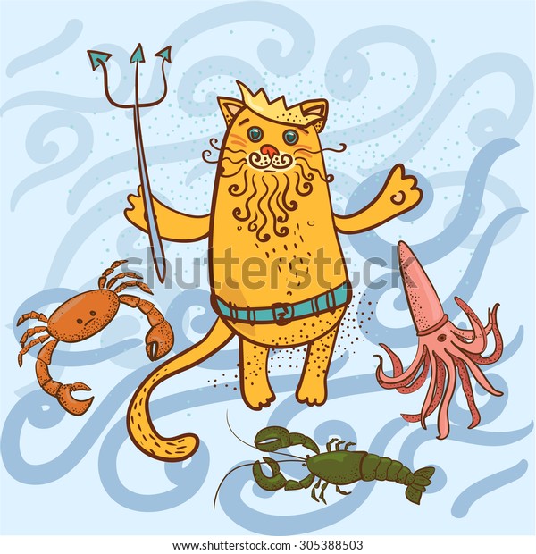 Colored Neptune Cat Crab Squid Lobster Stock Vector (Royalty Free ...