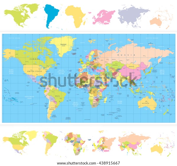 Colored Political World Map Continnets Elements Stock Vector (Royalty ...