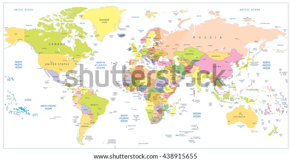 Colored political World Map isolated on white.All elements are ...