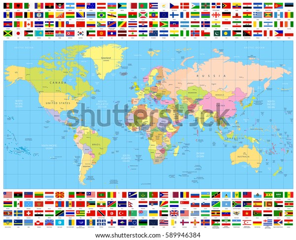 Colored World Map All World Flags Stok Vektör (Telifsiz) 589946384 ...