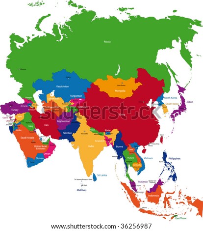 Colorful Asia Map Countries Capital Cities Stock Vector (Royalty Free ...
