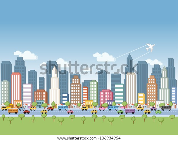Colorful Cartoon City Landscape Stock Vector (Royalty Free) 106934954 ...