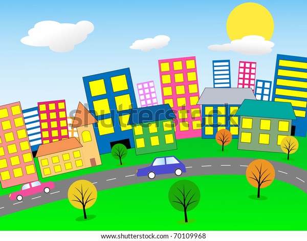 Colorful Cartoon City Vector Illustration Stock Vector (Royalty Free ...