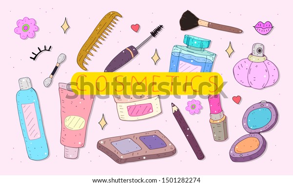 Colorful Cartoon Cute Makeup Set Inscription Stock Vector (Royalty Free ...